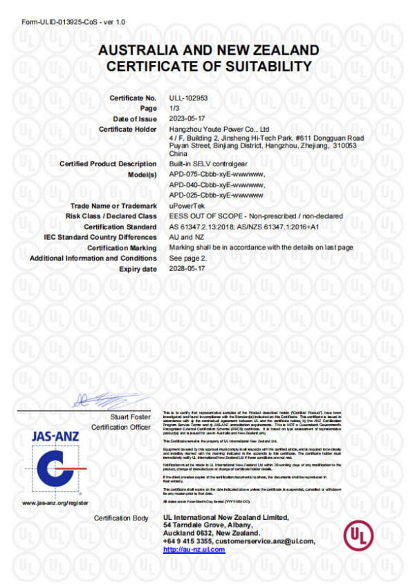 uPowerTek APD Series 25-200W D4i LED Driver RCM Certified - uPowerTek